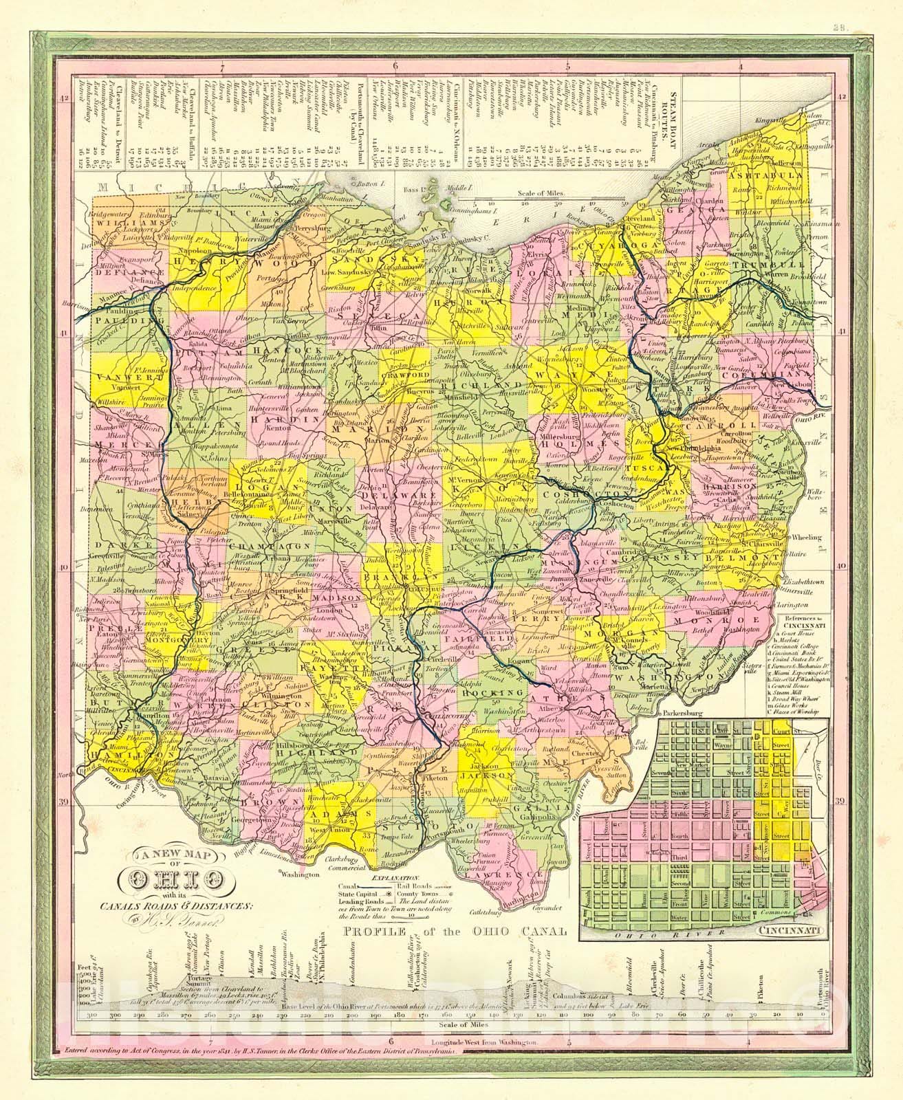 Historic Map : 1846 A New Map of Ohio with Its Canals, Roads, & Distan ...