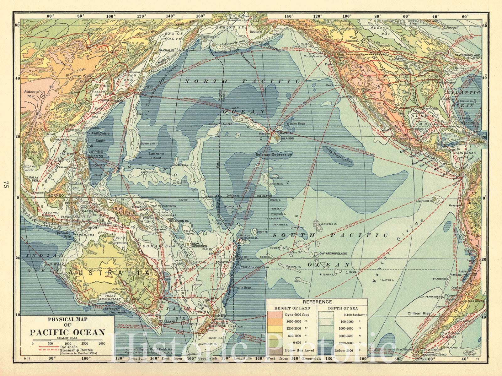 Historic Map : 1917 Physical Map of Pacific Ocean : Vintage Wall Art ...