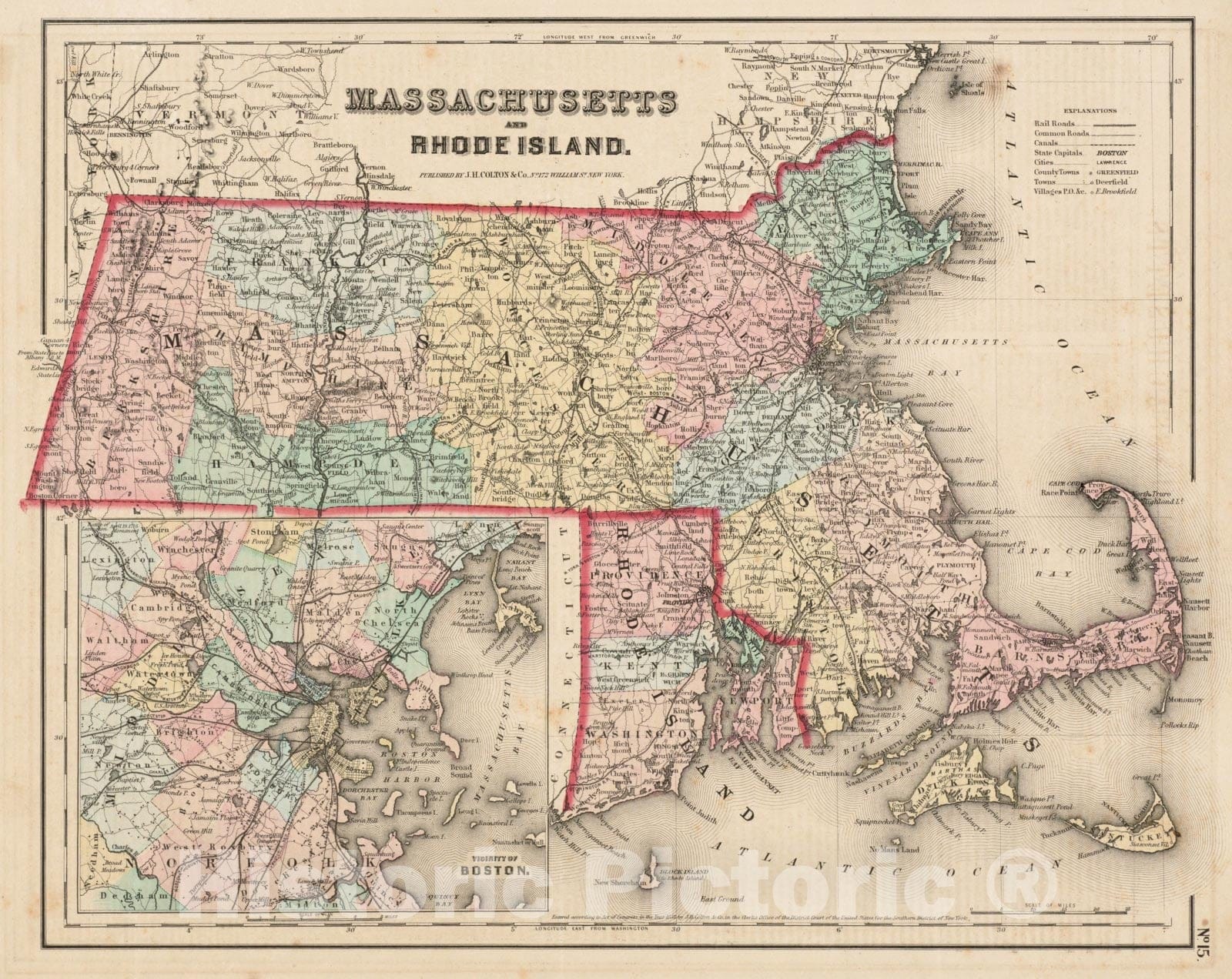 Historical Map, 1855 Massachusetts and Rhode Island, Vintage Wall Art ...