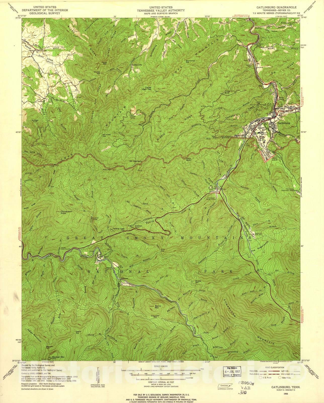 Historic 1935 Map - Tennessee. - Scale 1:24,000 (1956) - Gatlinburg ...