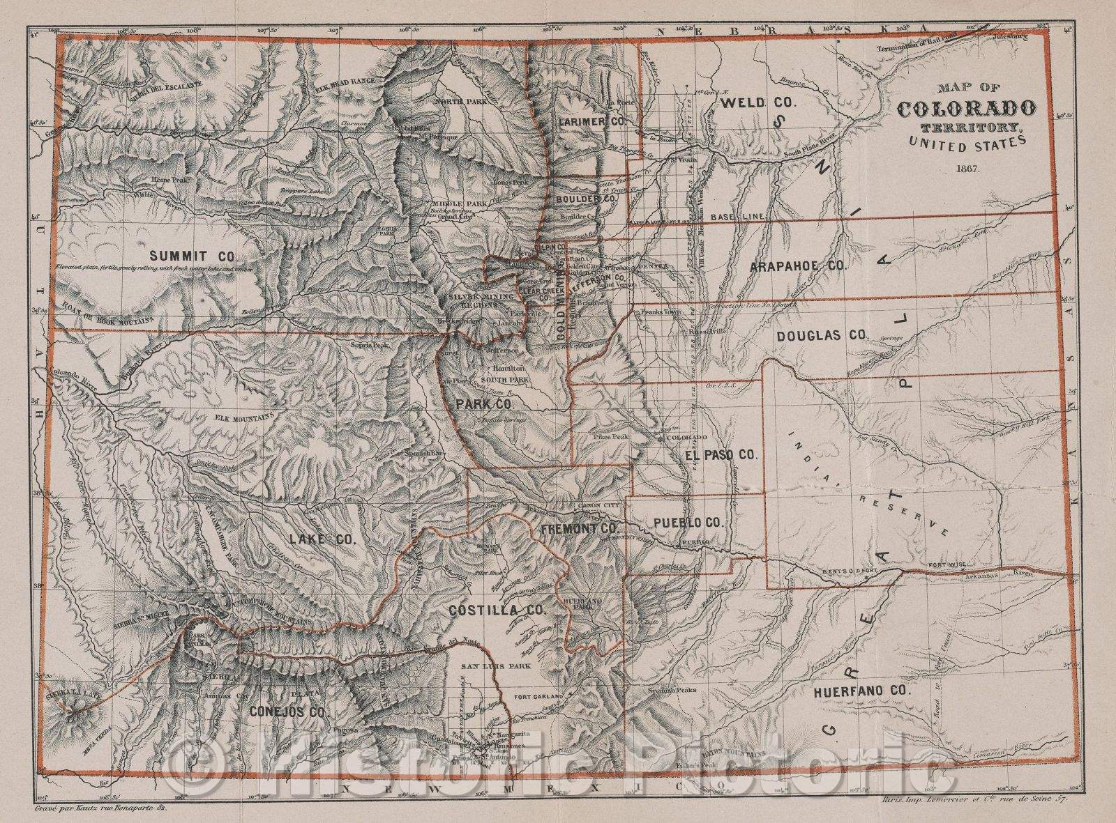 Historic Map : Map of Colorado Territory, United States, 1867 , Vintag ...