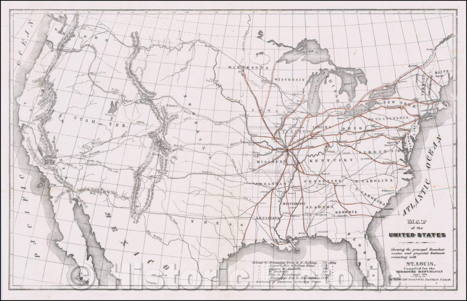 Historic Map - United States Shewing the principal Steamboat routes an ...