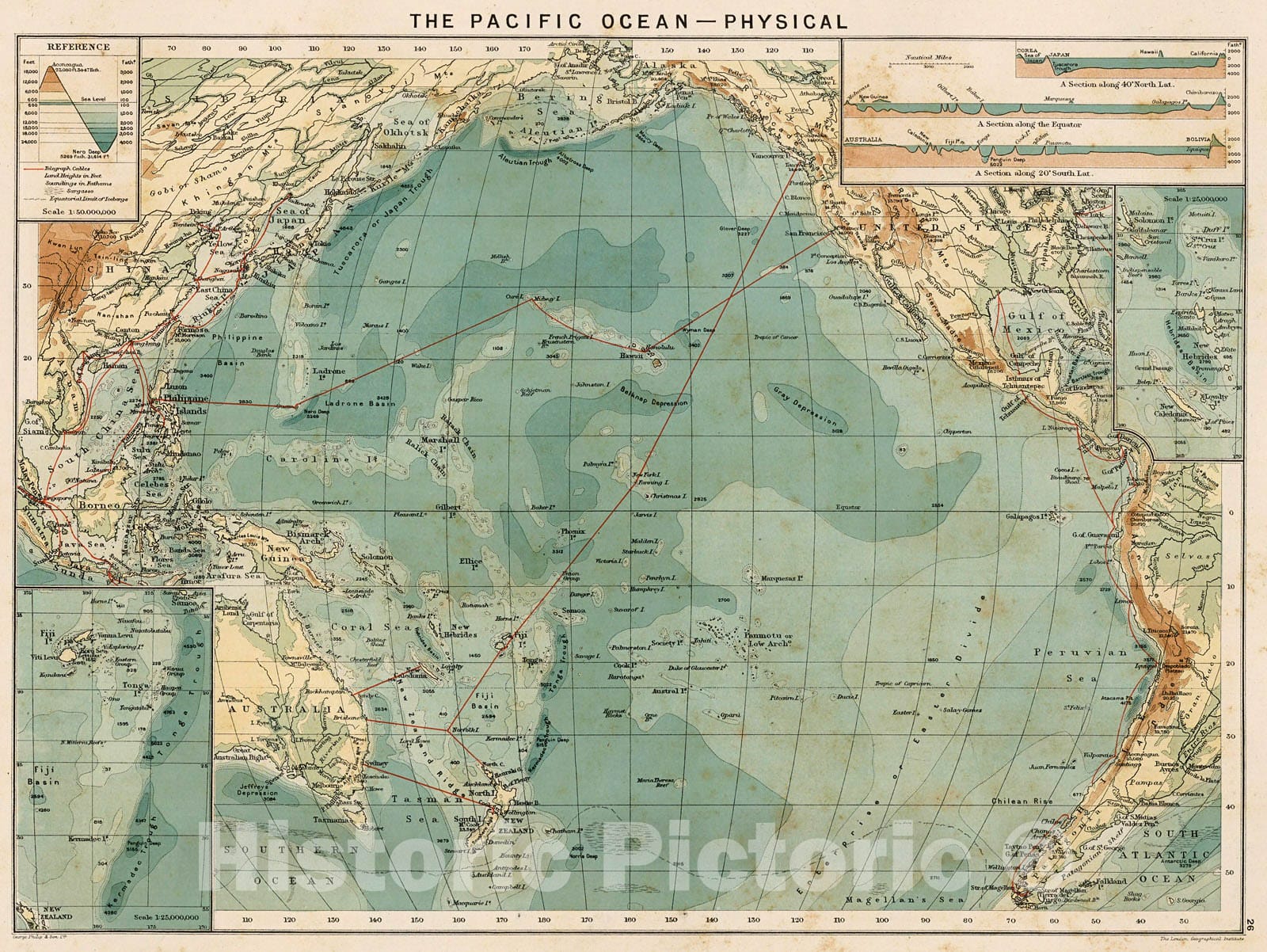 Historic Map : The Pacific Ocean - Physical, 1905, Vintage Wall Decor ...