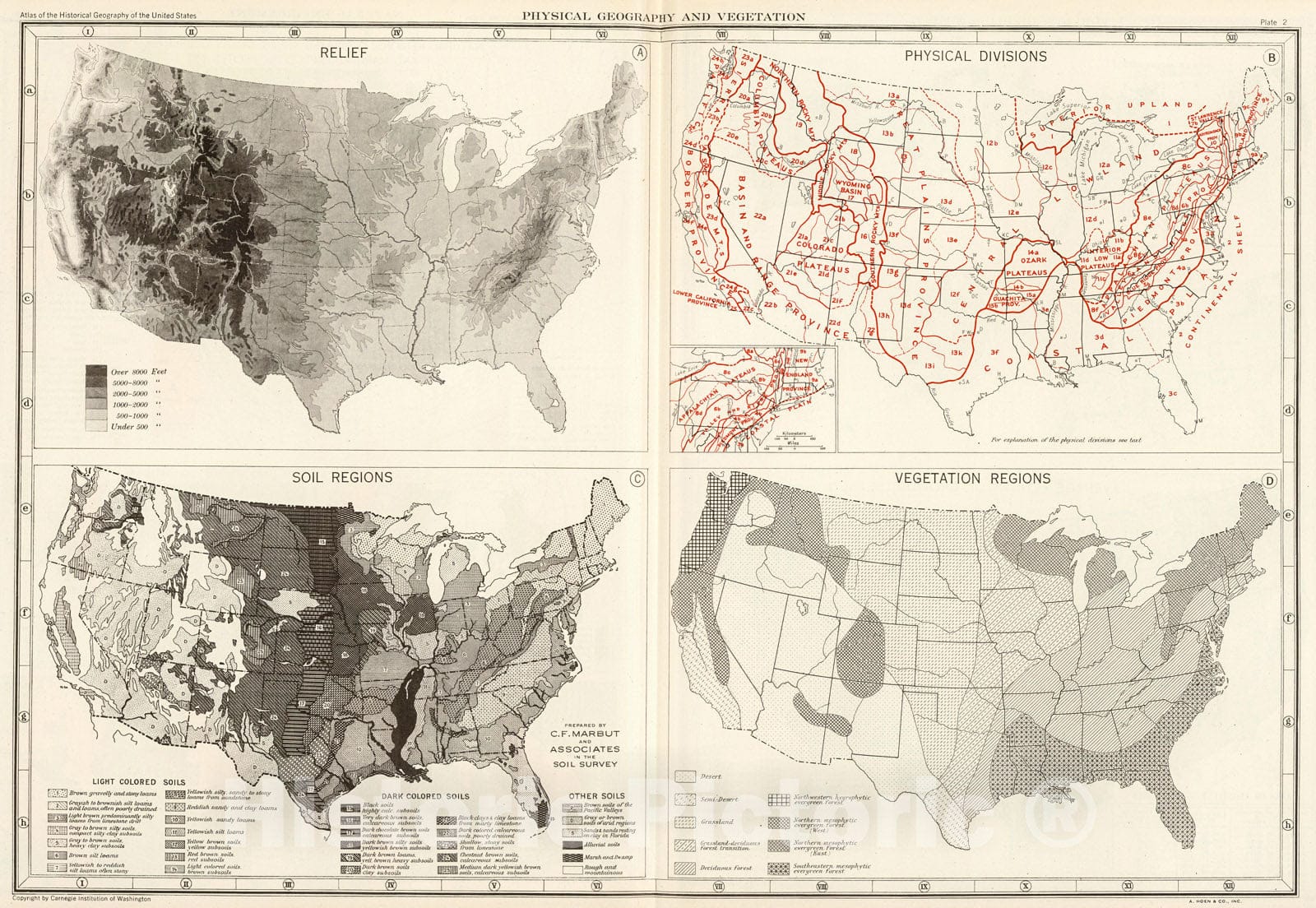 Historic Map : Plate 2. Physical Geography and Vegetation., 1932, Vint ...