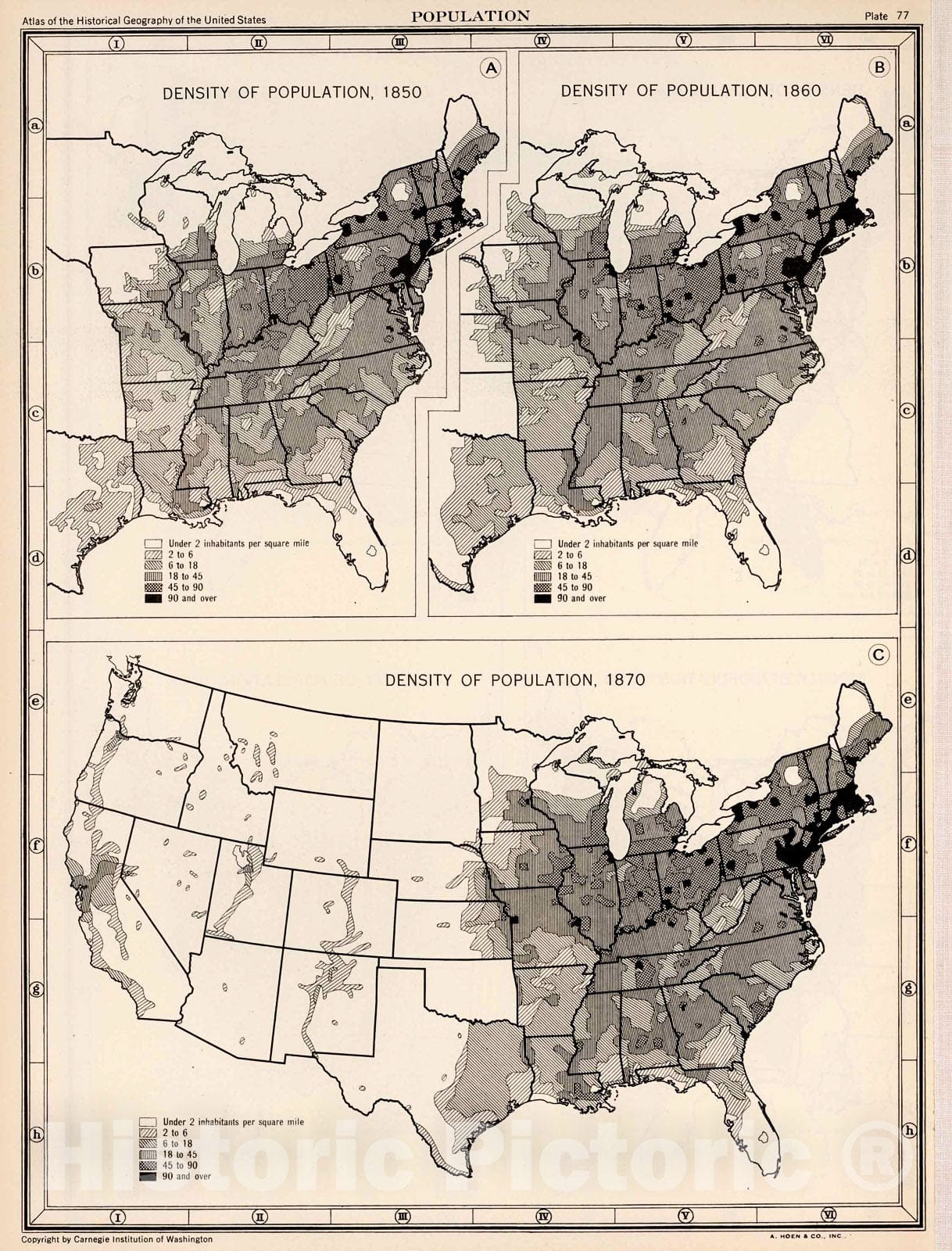 Historic Map : Plate 77. Population. Density of Population, 1850 - 187 ...