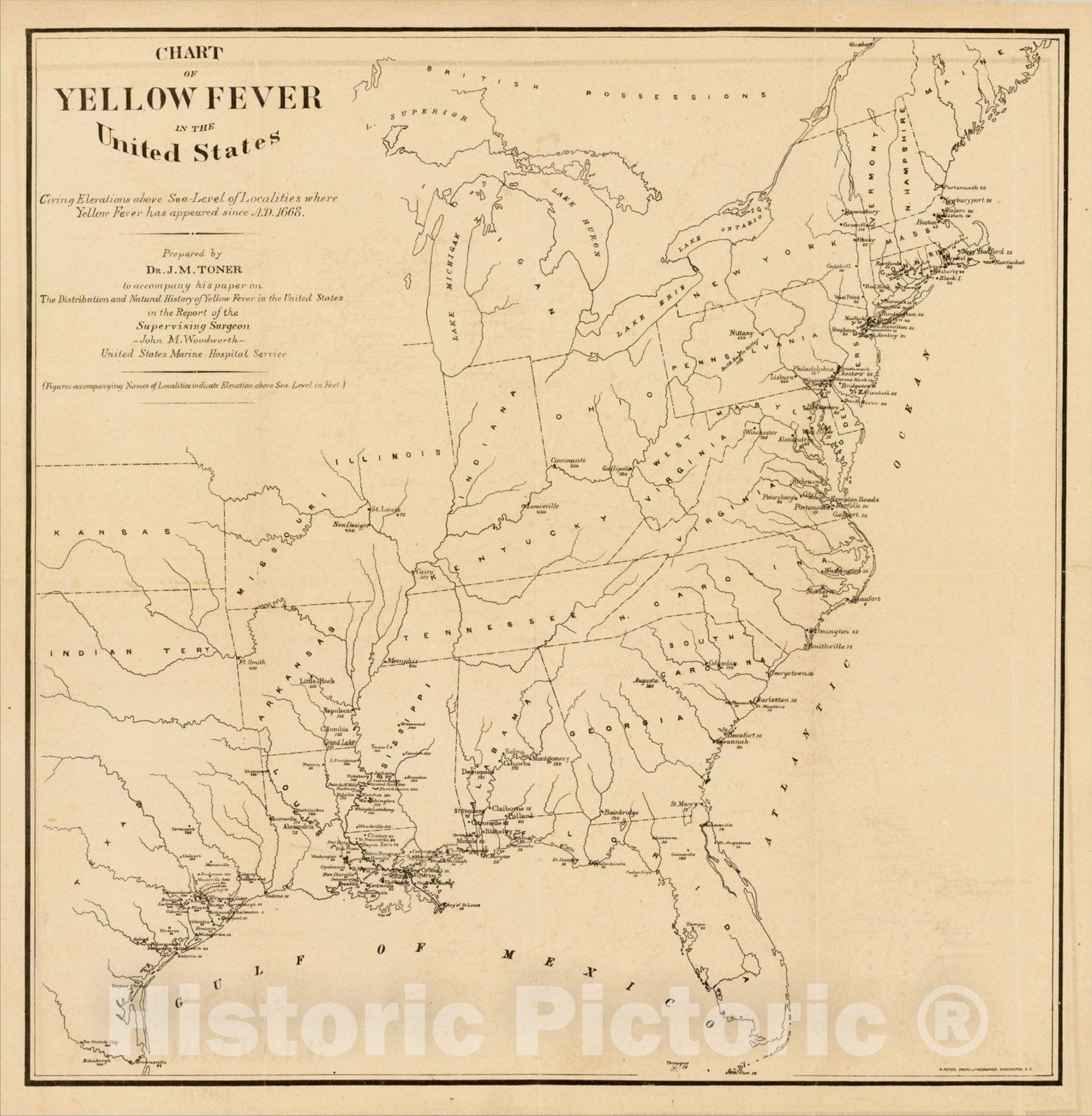 Historic Map : Chart of Yellow Fever in United States Giving Elevation ...