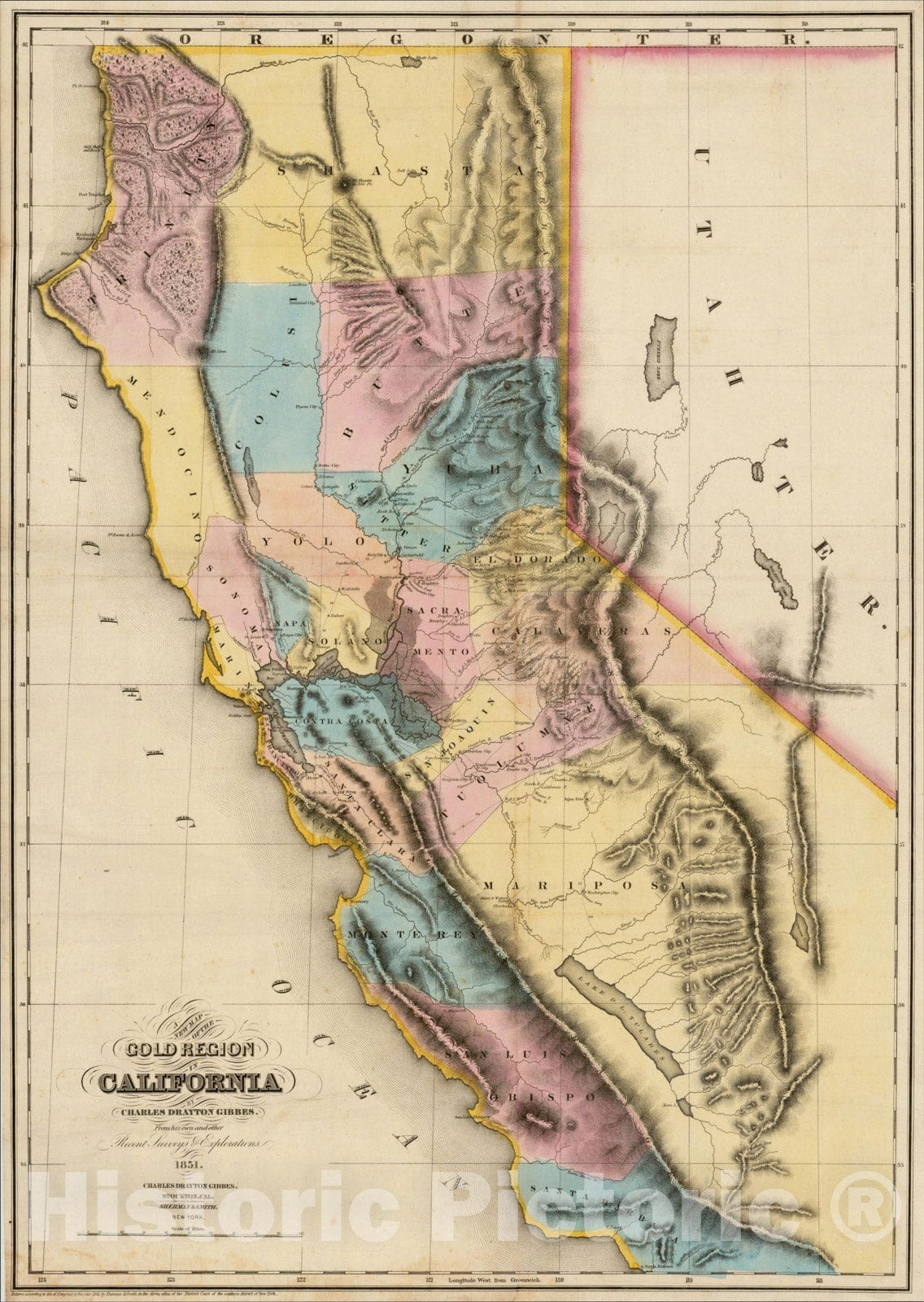 Historic Map : A New Map of the Gold Region in California By Charles D ...