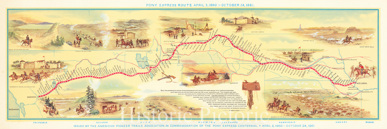 Historic Map : Pony Express Route April 3, 1860 - October 24, 1861, 19 ...