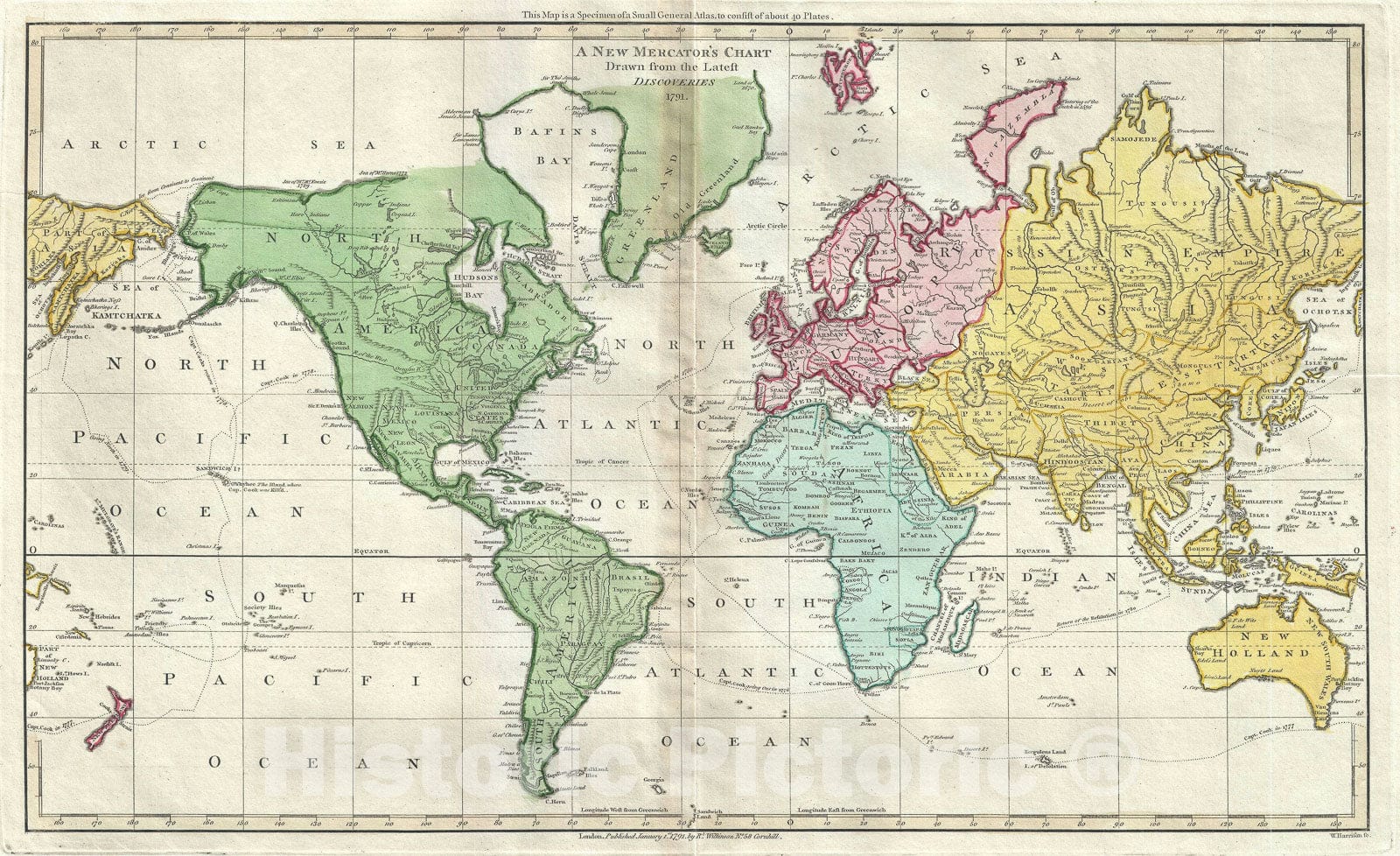 Historic Map : The World on The Mercator's Projection, Wilkinson, 1791 – Historic Pictoric