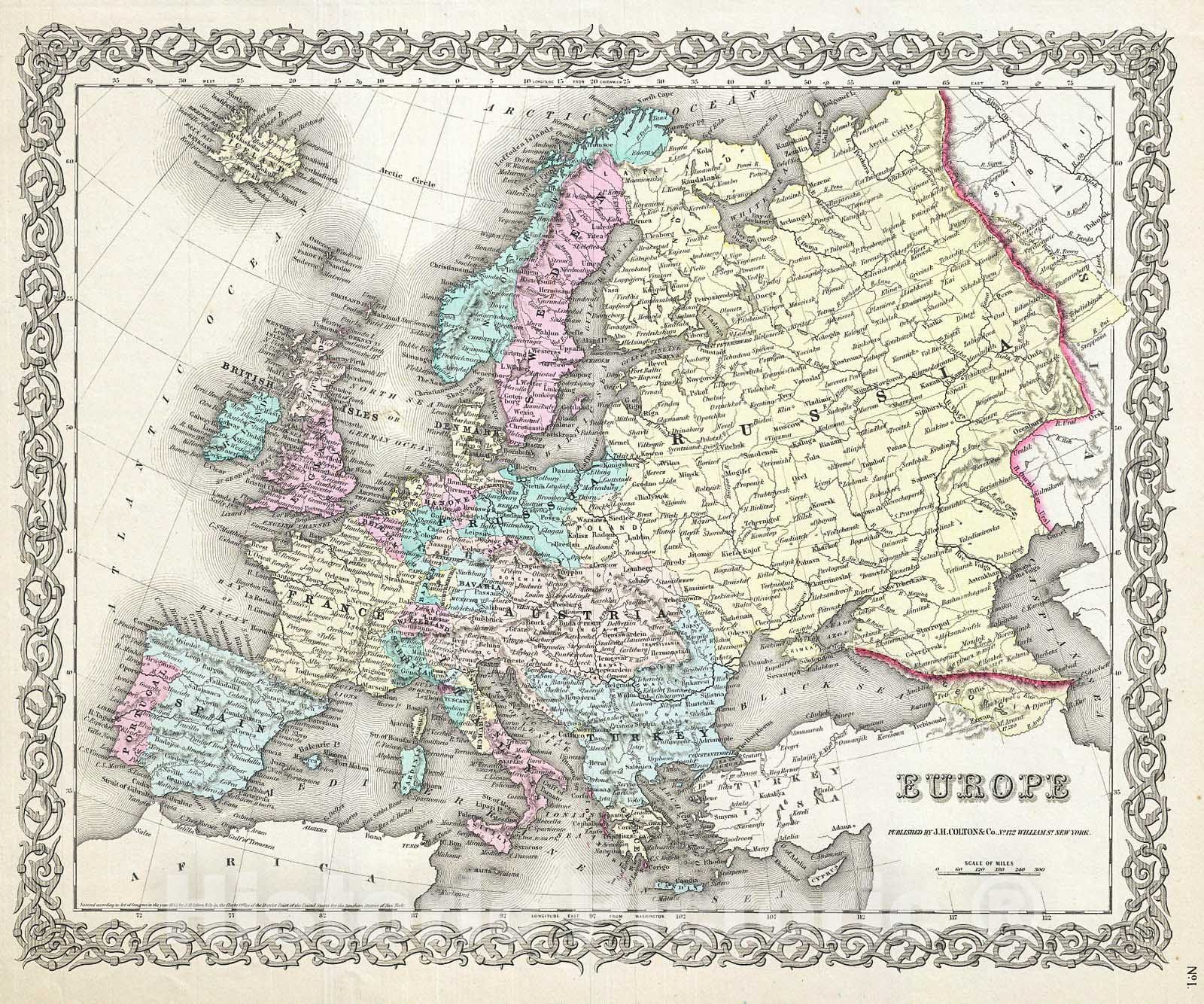 Historic Map : Colton Map of Europe , 1855, Vintage Wall Art – Historic Pictoric