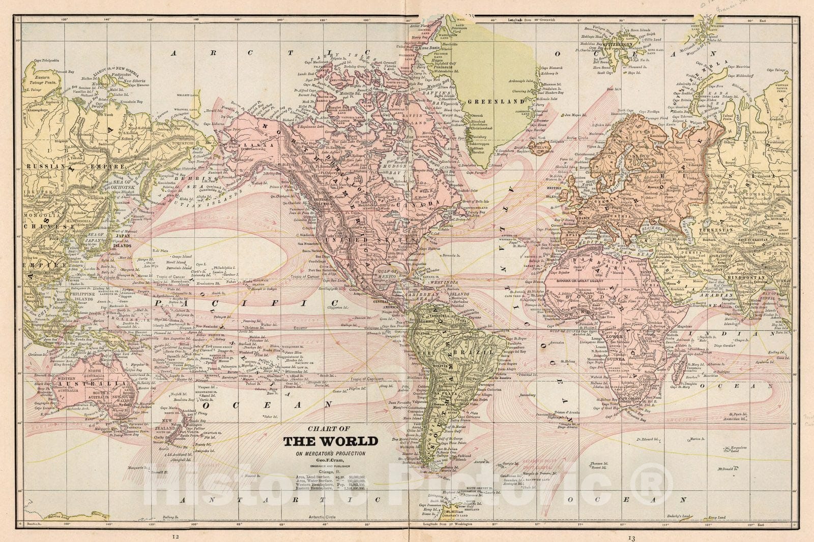 Historic Map : World Atlas Map, Chart of the World on Mercator's Proje – Historic Pictoric