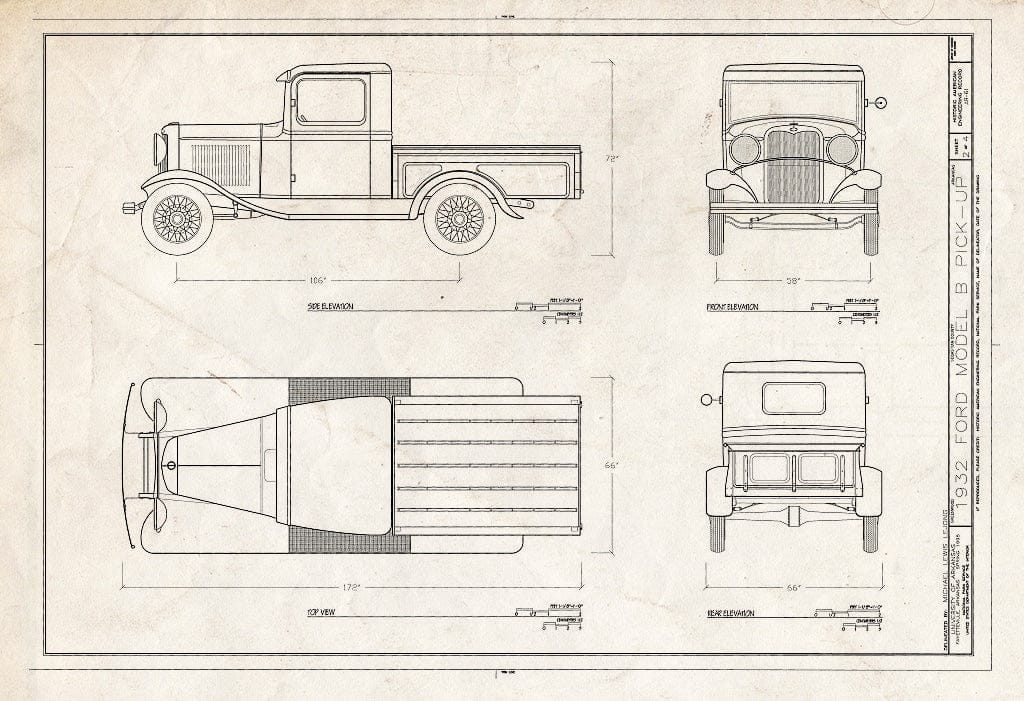 Blueprint Elevations and Top View - 1932 Ford Model B Pick-Up, Greenwo ...
