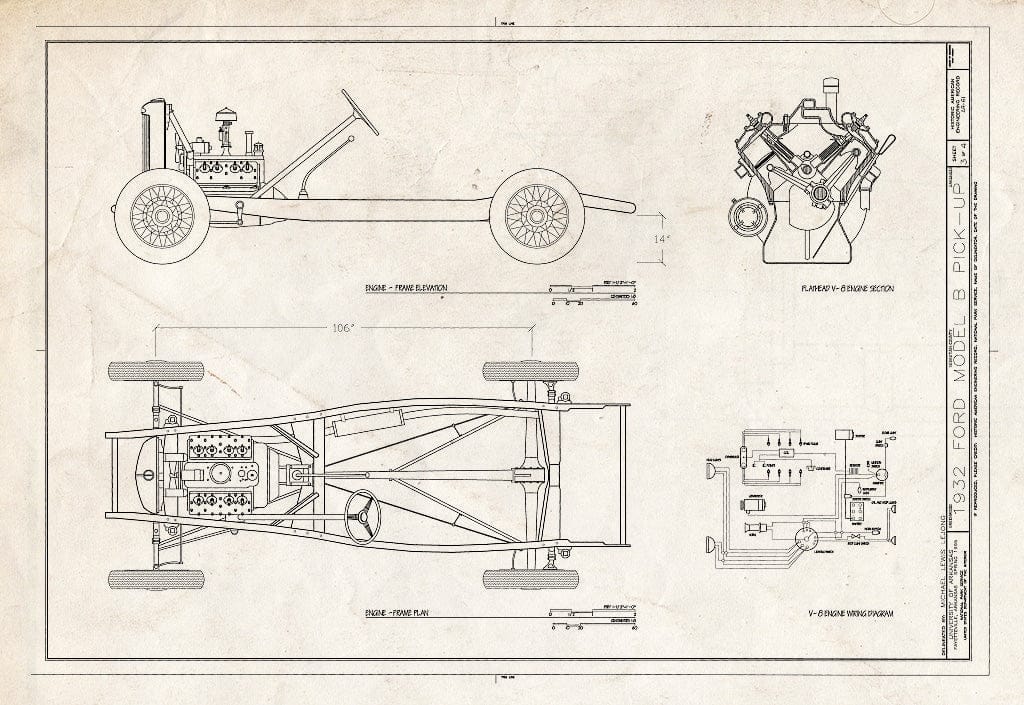 Blueprint Frame Elevation, Frame Plan, Flathead V-8 Engine Section, V ...