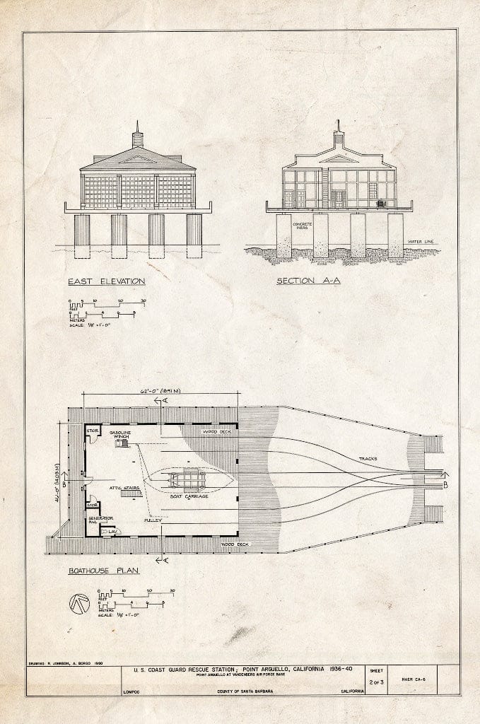 Blueprint East Elevation, Section A-A, Boathouse Plan - Point Arguello ...