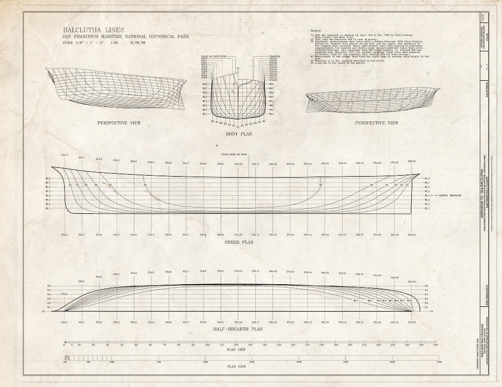 Blueprint Perspective Views, Body Plan, Sheer Plan, and Half-Breadth P ...