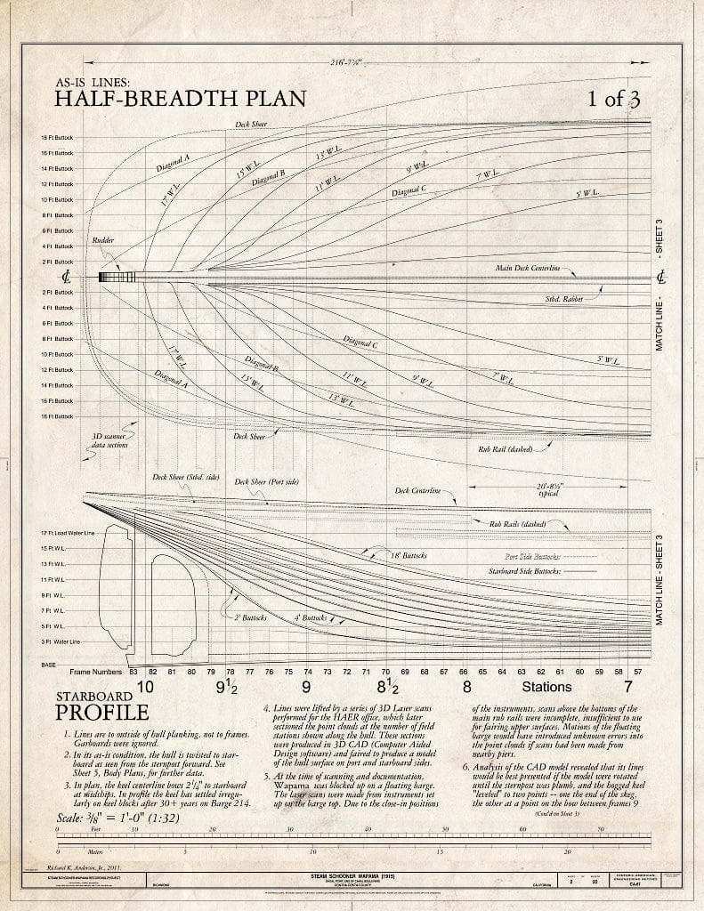 Blueprint As-is Lines: Half-Breadth Plan, Starboard Profile, 1 of 3 ...