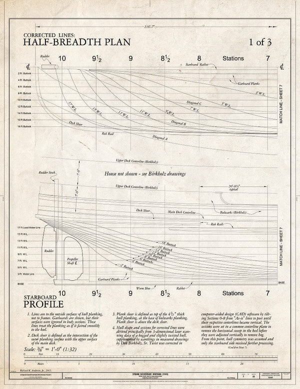 Blueprint Corrected Lines: Half-Breadth Plan, Starboard Profile, 2 of ...