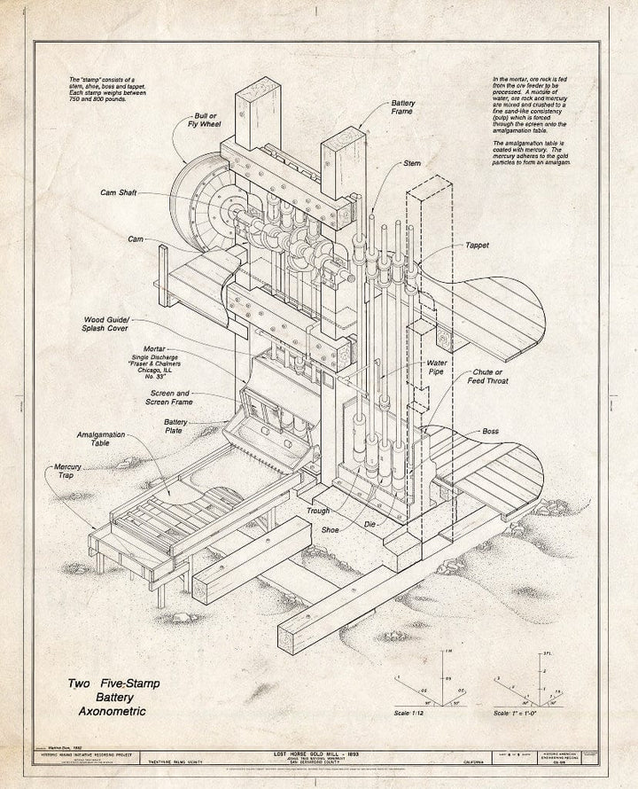 Blueprint Two Five-Stamp Battery Axonometric - Lost Horse Gold Mill, T ...