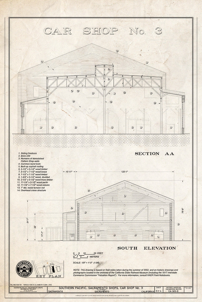 Blueprint Car Shop No. 3 Section AA, South Elevation - Southern Pacifi ...