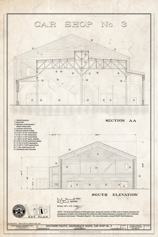 Blueprint Car Shop No. 3 Section AA, South Elevation - Southern Pacifi ...