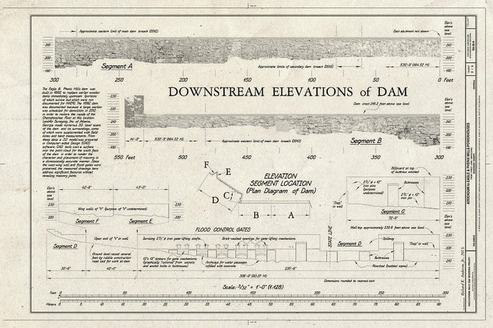 Blueprint Downstream Elevations of Dam, Elevation Segment Location - E ...