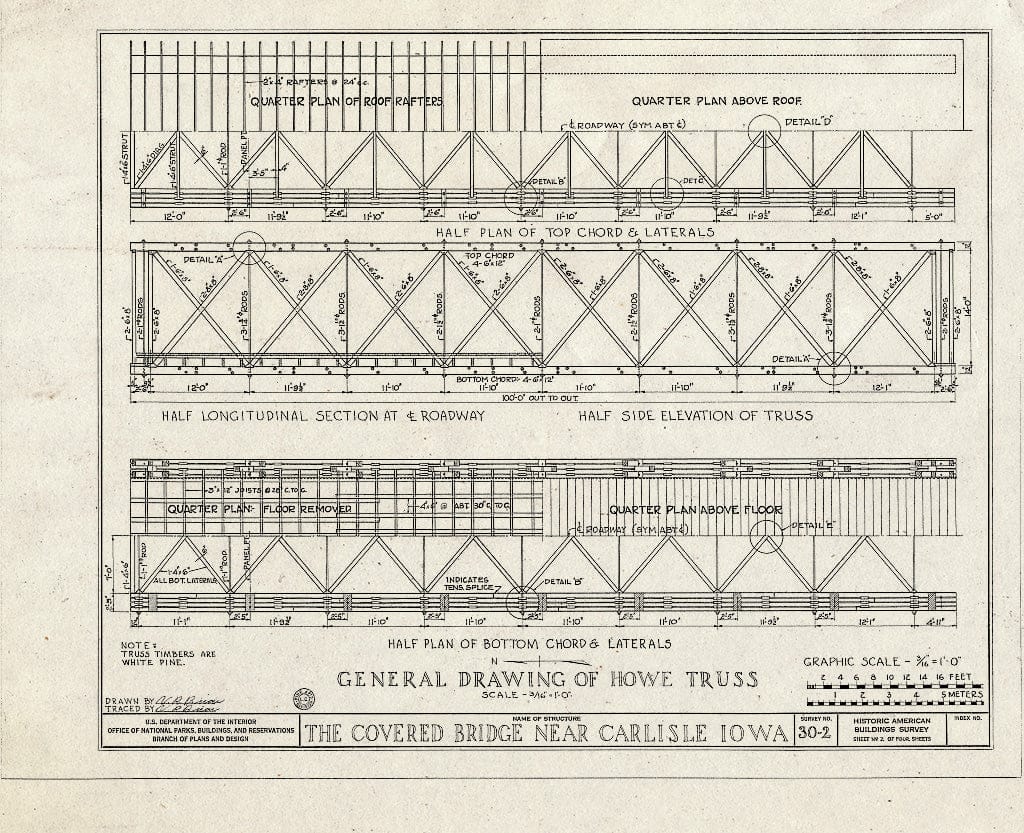 Blueprint General Drawing of Howe Truss - Covered Bridge, Carlisle, Wa ...
