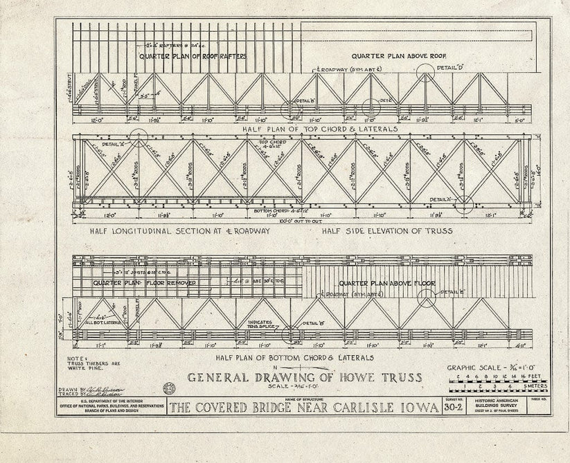 Blueprint General Drawing of Howe Truss - Covered Bridge, Carlisle, Wa ...