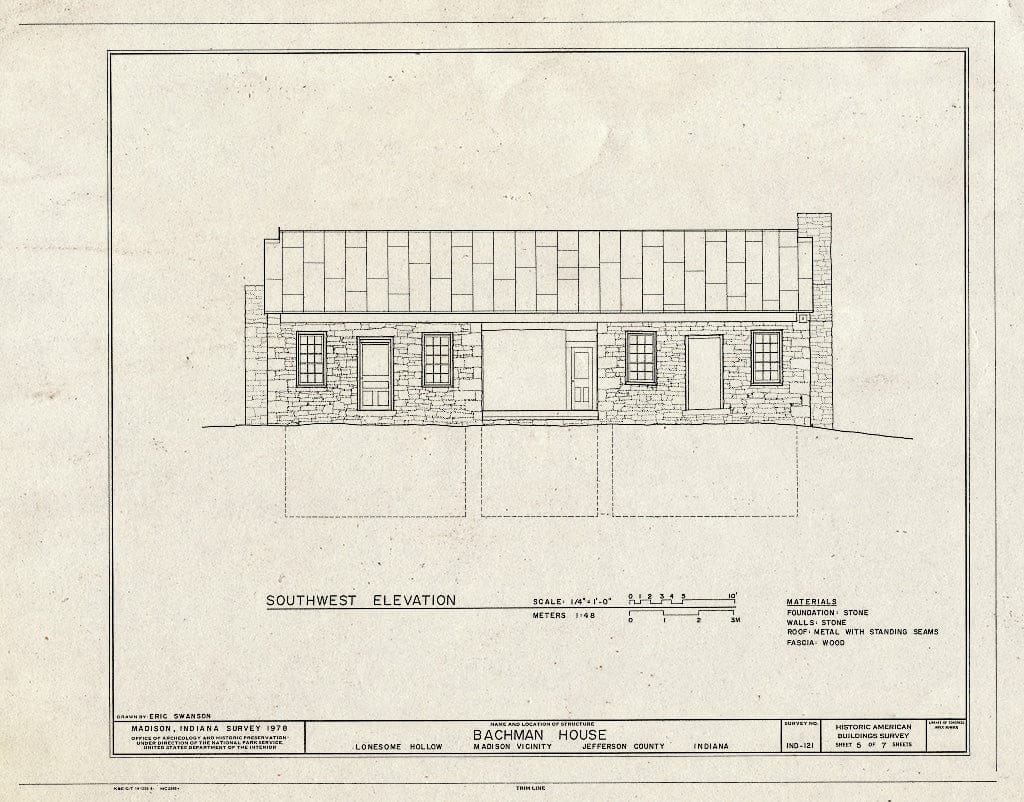 Blueprint Southwest Elevation - Bachman House, Lonesome Hollow, Madiso ...