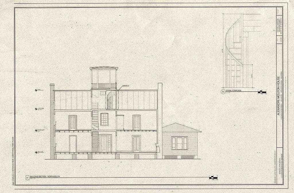Blueprint Section and Spiral Staircase - Alexandre Mouton House, 1122 ...