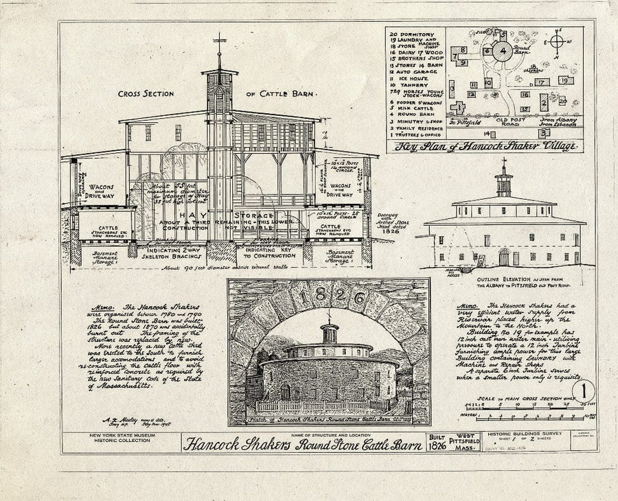 Blueprint 1. Cross Section, Outline Elevation, Sketch; Hancock Shaker ...
