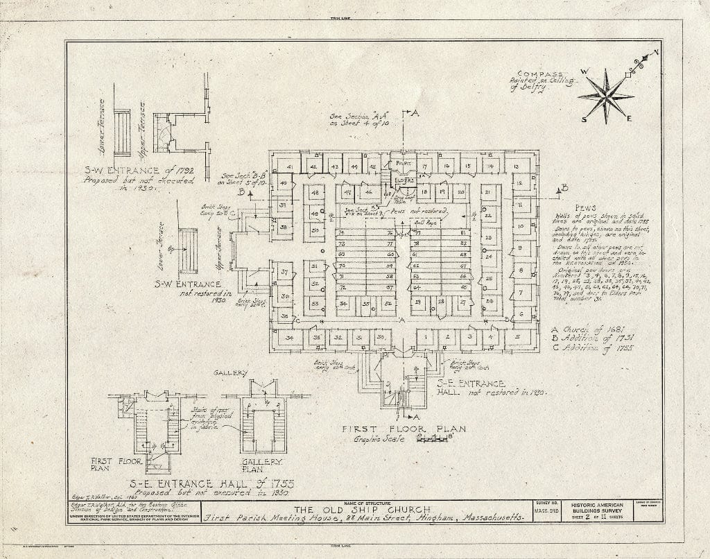 Blueprint HABS Mass,12-Hing,5- (Sheet 2 of 11) - Old Ship Church, 88 M ...