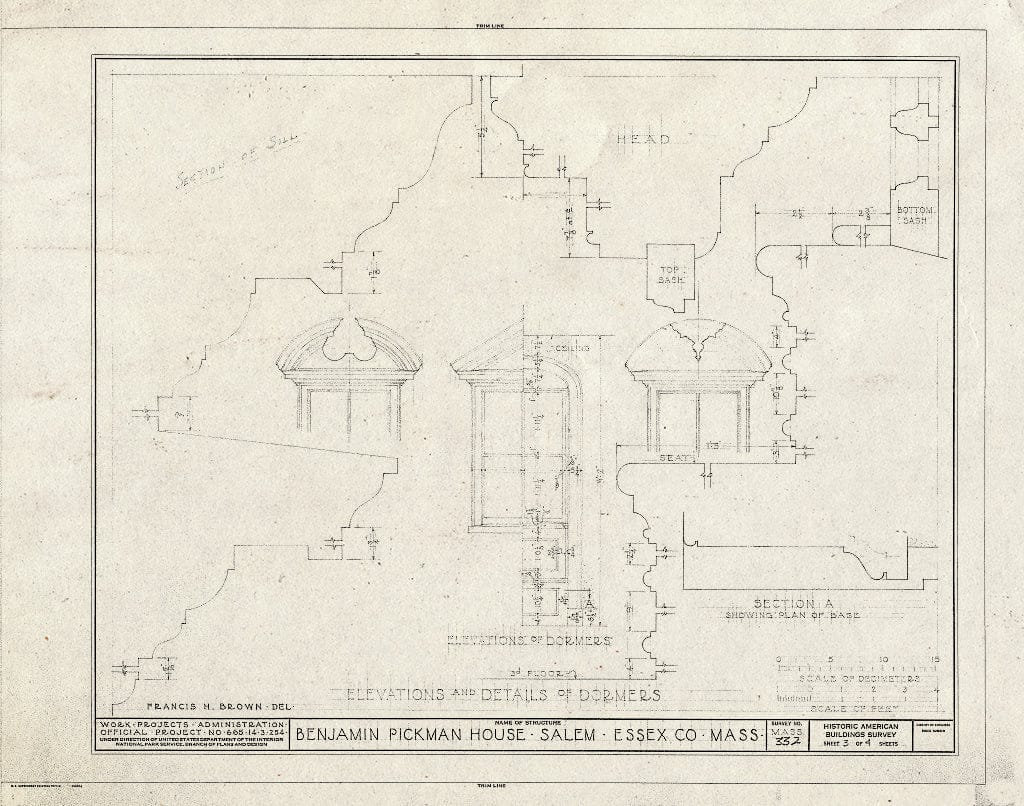 Blueprint Elevations and Details of Dormers - Benjamin Pickman House ...