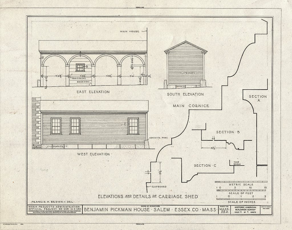 Blueprint Elevations and Details of Carriage Shed - Benjamin Pickman H ...