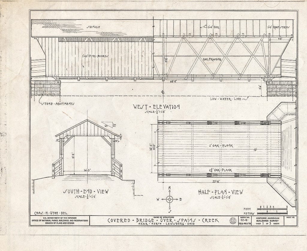 Blueprint West Elevation, South End View, Half Plan View - Covered Bri ...