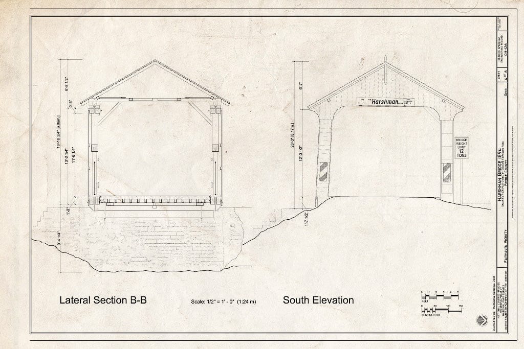 Blueprint Lateral Section B-B, South Elevation - Harshman Bridge, Span ...