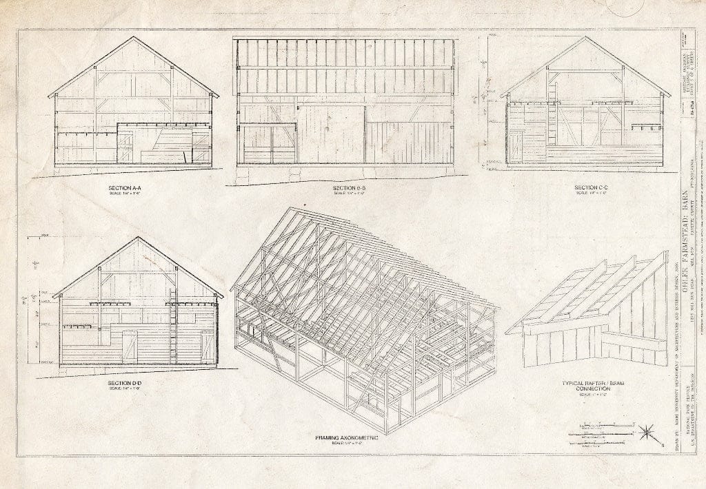Blueprint Barn: Sections, Framing Axonometric - Ohler Farmstead, 1375 ...