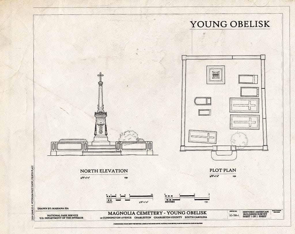 Blueprint Elevation & Plot Plan - Magnolia Cemetery, Young Obelisk, 70 ...