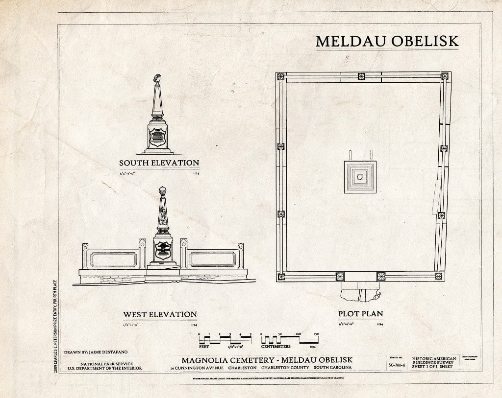 Blueprint Elevations & Plot Plan - Magnolia Cemetery, Meldau Obelisk ...