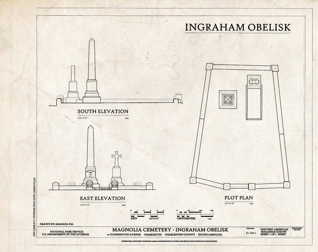 Blueprint Elevations & Plot Plan - Magnolia Cemetery, Ingraham Obelisk ...