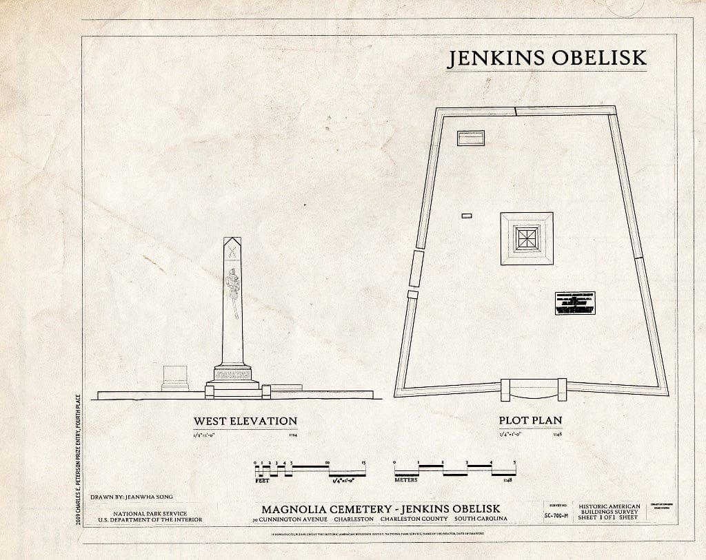 Blueprint Elevation & Plot Plan - Magnolia Cemetery, Jenkins Obelisk ...