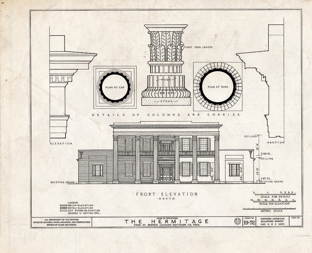 Blueprint 3. Front Elevation; Column and Cornice Details - The Hermita ...