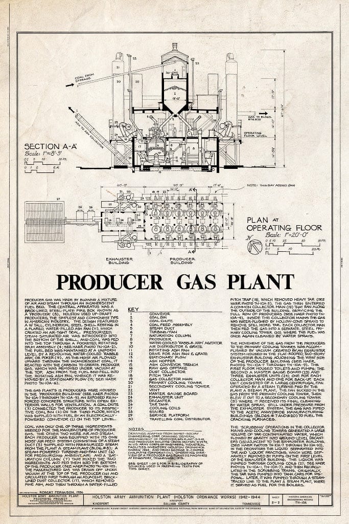 Blueprint Producer Gas Plant, Section A-A and Plan at Operating Floor ...
