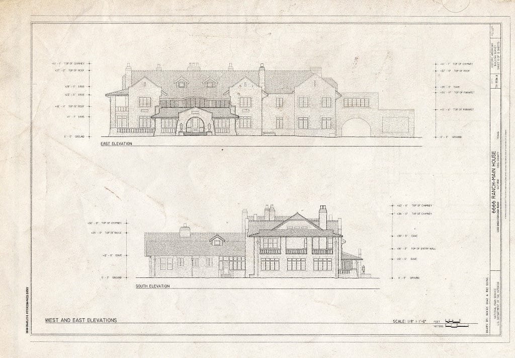 Blueprint West and East elevations - 6666 Ranch, Main House, 1102 Dash ...