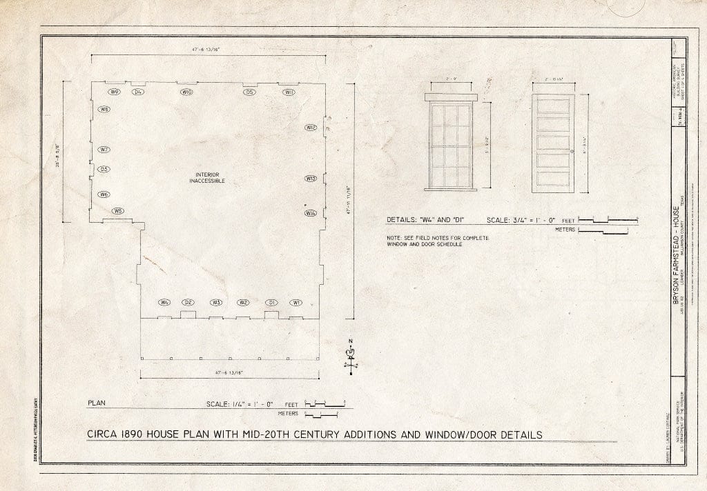 Blueprint Circa 1890 House Plan with mid-20th Century additions and Wi ...