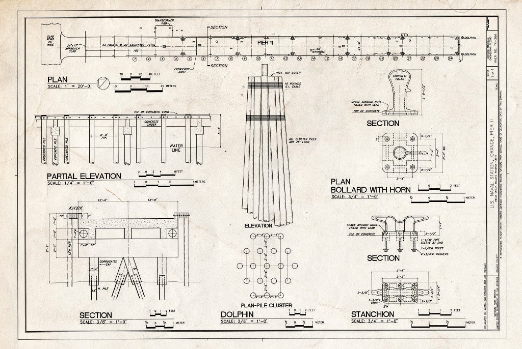 Blueprint Plan, Elevations, Section, Stanchion Detail, Dolphin - U.S ...