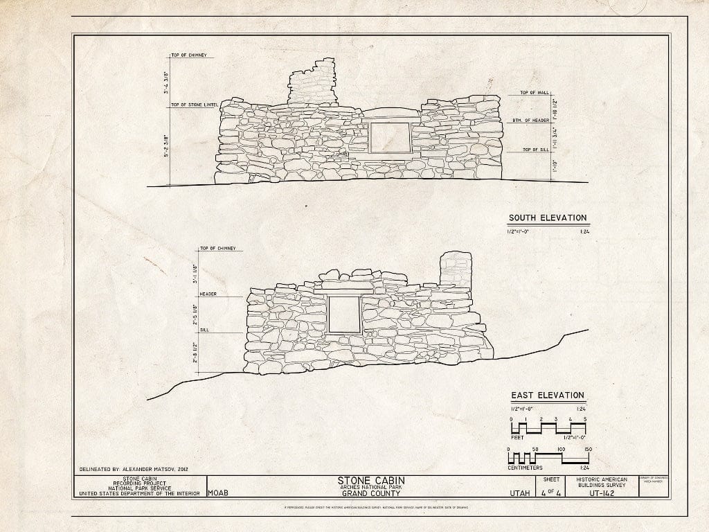 Blueprint South Elevation, East Elevation - Stone Cabin, Moab, Grand C ...