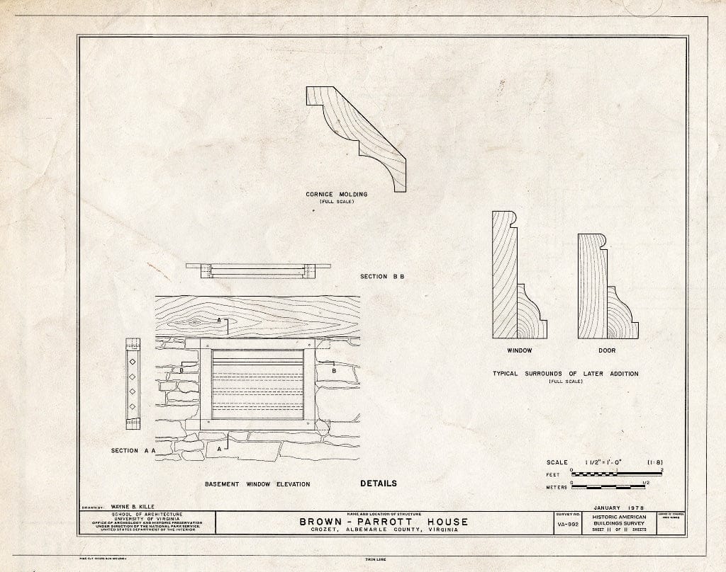 Blueprint Details Including The Basement Window Elevation, Cornice mol ...