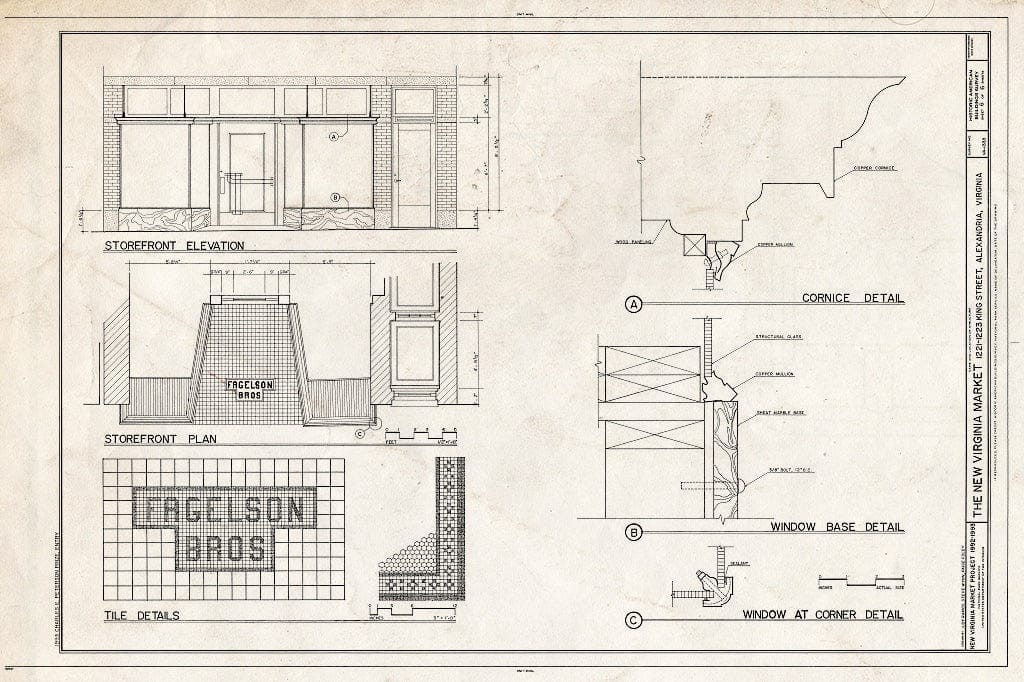 Blueprint Storefront Elevation and Plan, Tile Details, Cornice and Win ...