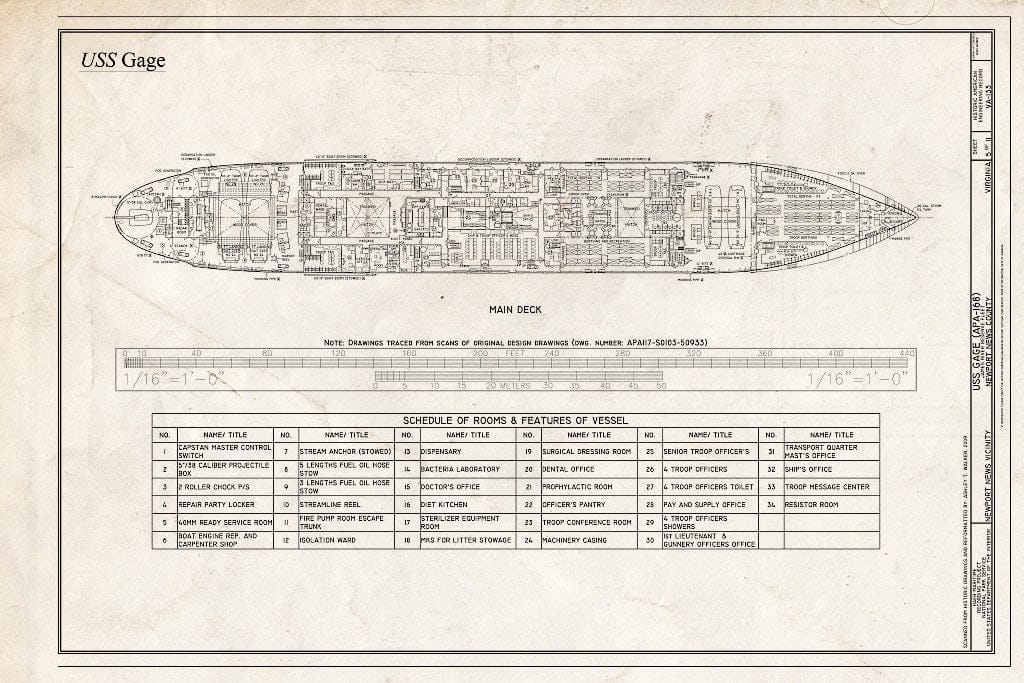 Blueprint Main Deck, Schedule of Rooms & Features of Vessel - USS Gage ...