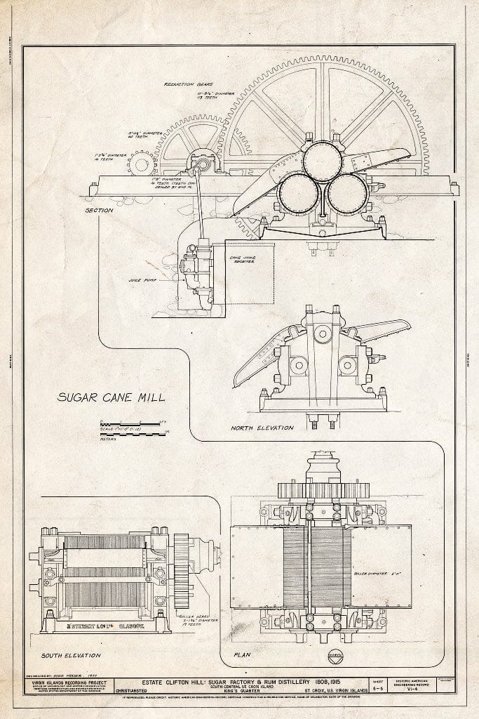 Blueprint North Elevation, South Elevation, and Plan of Sugar Cane Mil ...